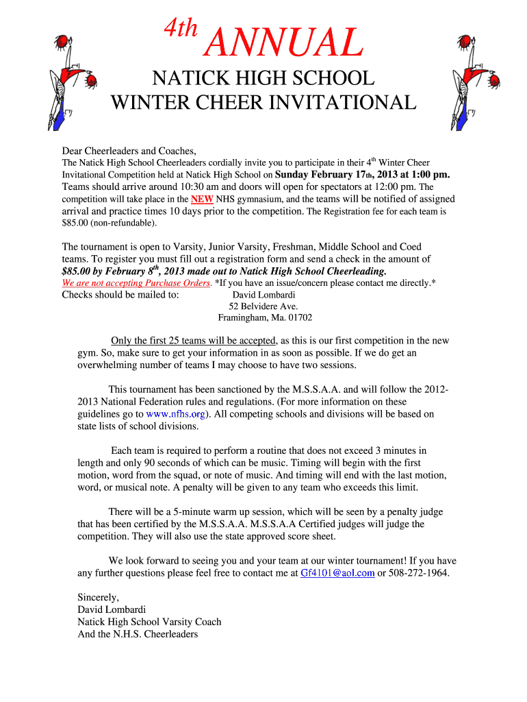 Fillable Online 4th ANNUAL NATICK HIGH SCHOOL WINTER CHEER INVITATIONAL ...