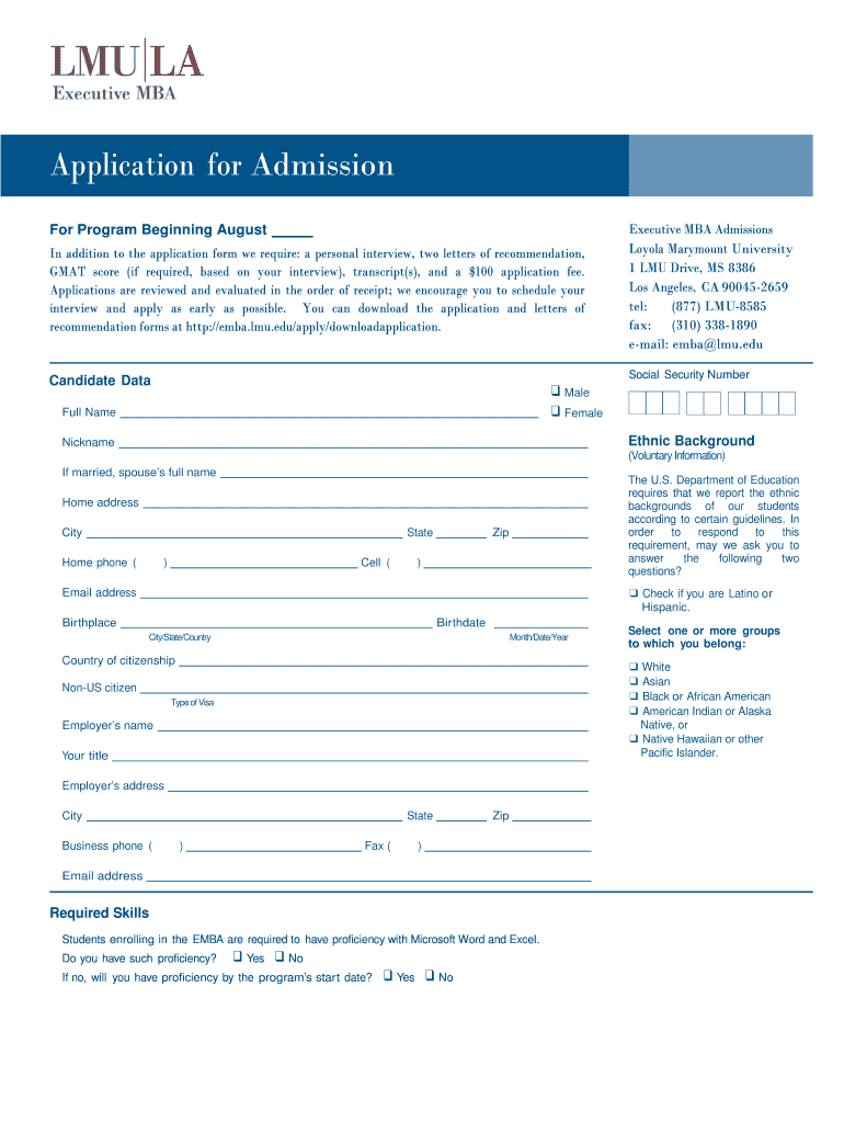 Fillable Online emba lmu Application for Admission - Loyola Marymount ...