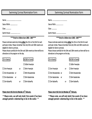 Fillable Online Swimming Carnival Nomination Form Swimming Carnival ...