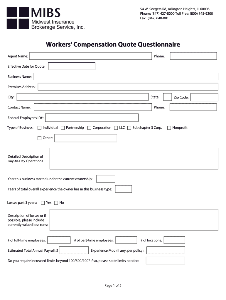 Fillable Online Workers' Compensation Quote Questionnaire Fax Email ... Fillable Online Workers' Compensation Quote Questionnaire Fax Email ...