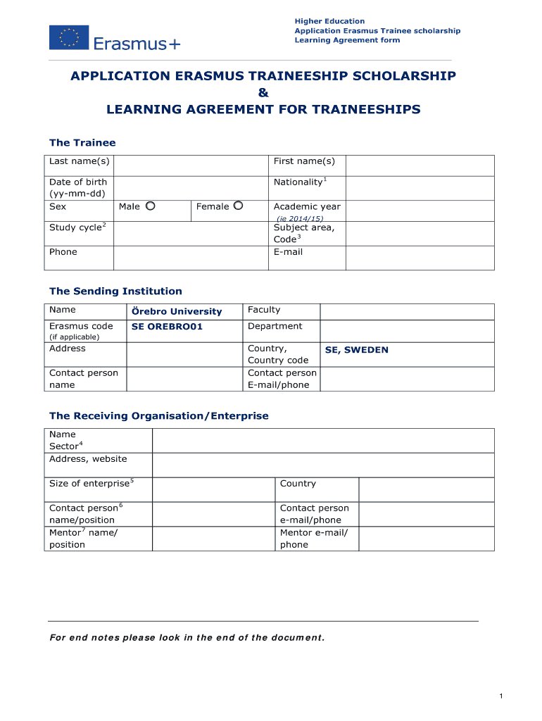 Fillable Online Application erasmus traineeship scholarship & learning ...
