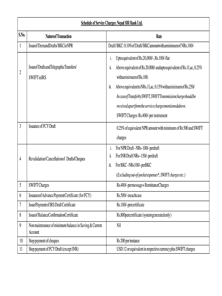 Fillable Online Schedule of Service Charges: Nepal SBI Bank Ltd Fax ...