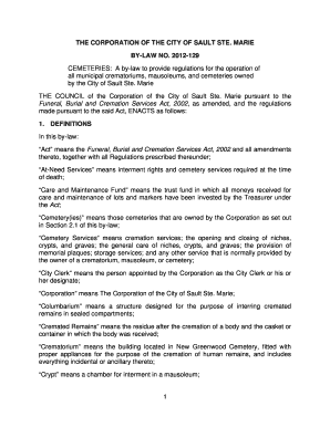 Fillable Online CEMETERIES A bylaw to provide regulations for the ...