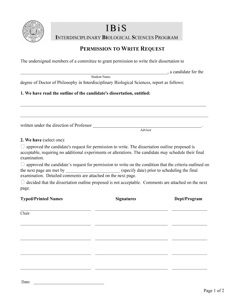 Fillable Online ibis northwestern Permission to write ...