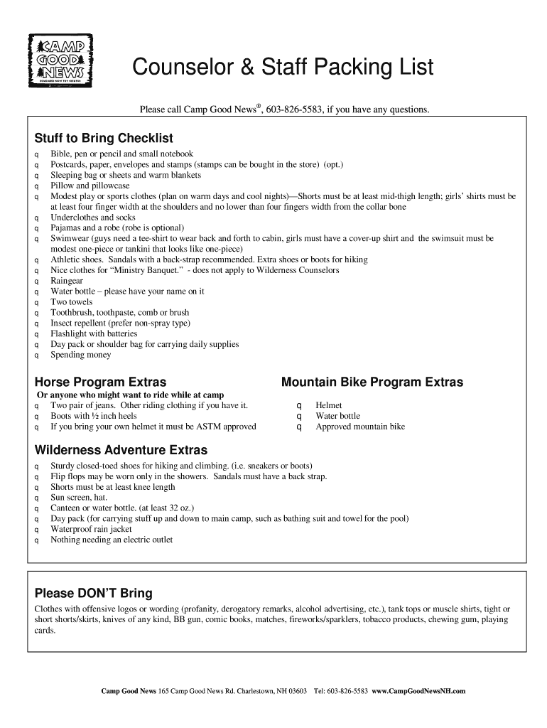 Fillable Online Counselor & Staff Packing List Fax Email Print - pdfFiller