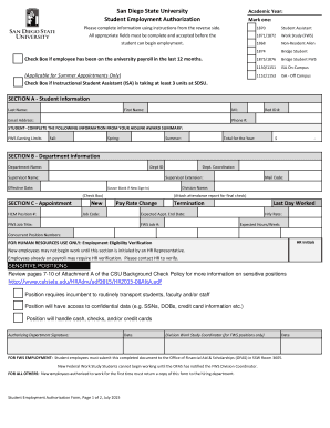 Fillable Online literature sdsu Student Employment Authorization Form ...