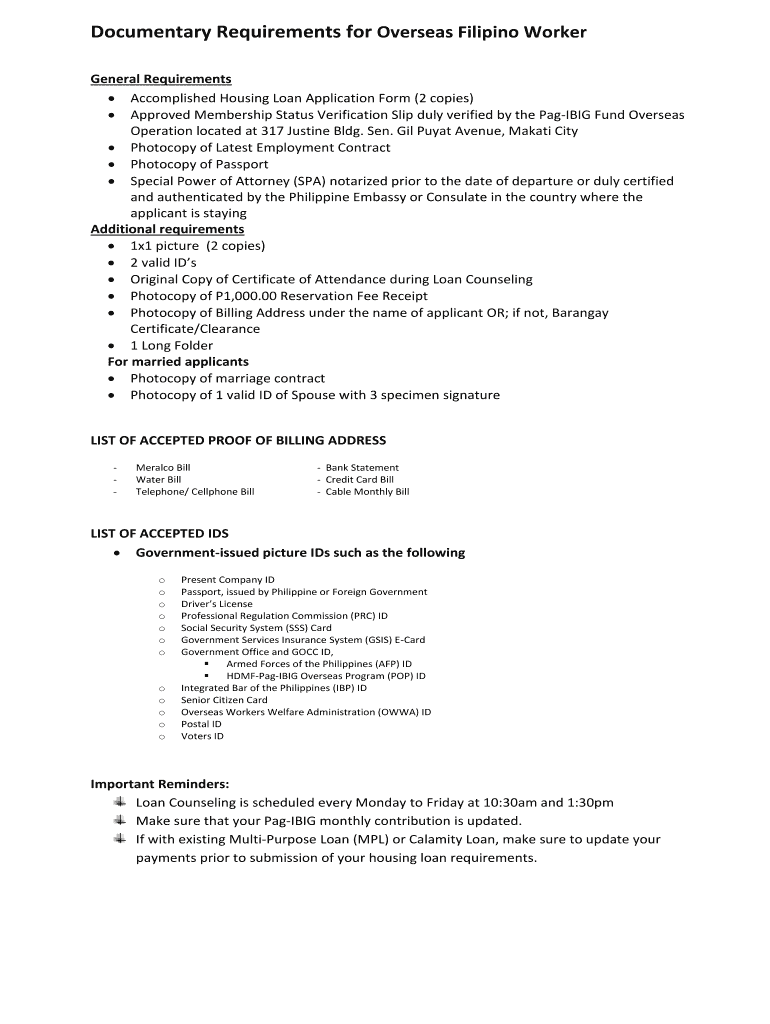 Fillable Online Documentary Requirements for Overseas Filipino Worker ...