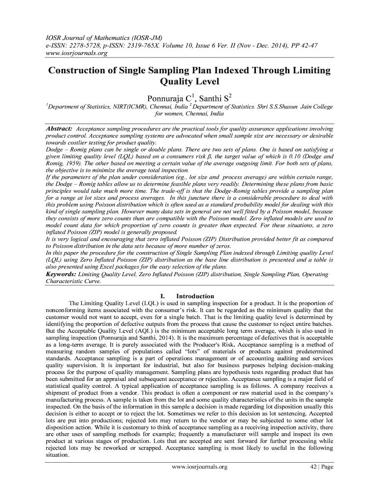 Fillable Online CONSTRUCTION OF SINGLE SAMPLING PLAN INDEXED THROUGH ...