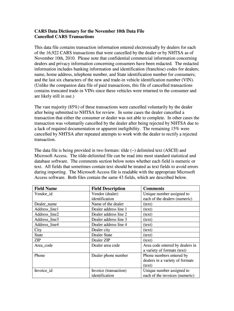 Fillable Online nhtsa CARS Data Dictionary for the October 16th Data File - NHTSA - nhtsa Fax ...