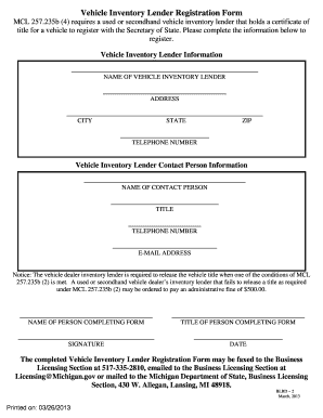 Fillable Online mi Vehicle Inventory Lender Registration Form ...