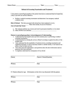 Fillable Online Refusal of Screening Examination and Treatment Fax ...