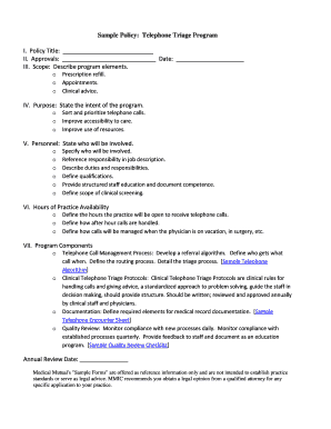 Fillable Online Sample Policy: Telephone Triage Program I. Policy Title ...