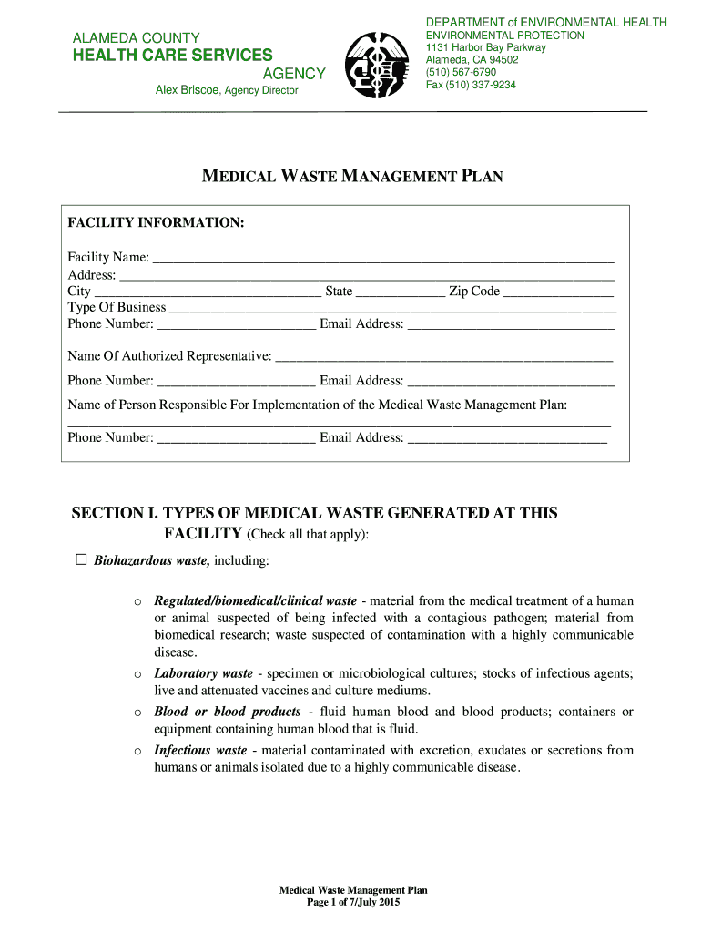 Fillable Online acgov Medical Waste Management Plan - Alameda County ...