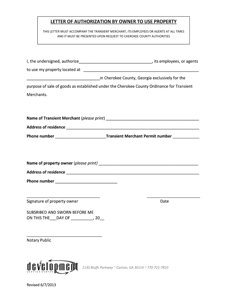 Fillable Online Transient Merchant letter of authorization for property ...