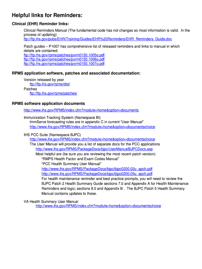 Fillable Online Helpful links for Reminders: Fax Email Print - pdfFiller