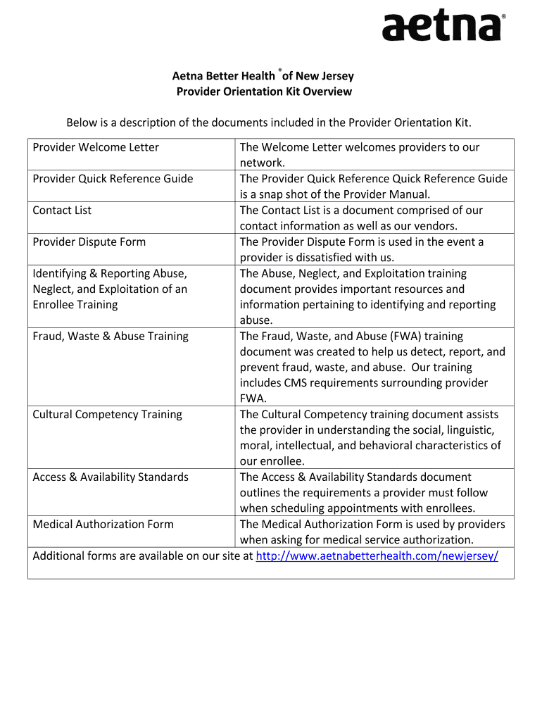 Fillable Online 01. FINAL Provider Orientation Kit Overview - Aetna ...