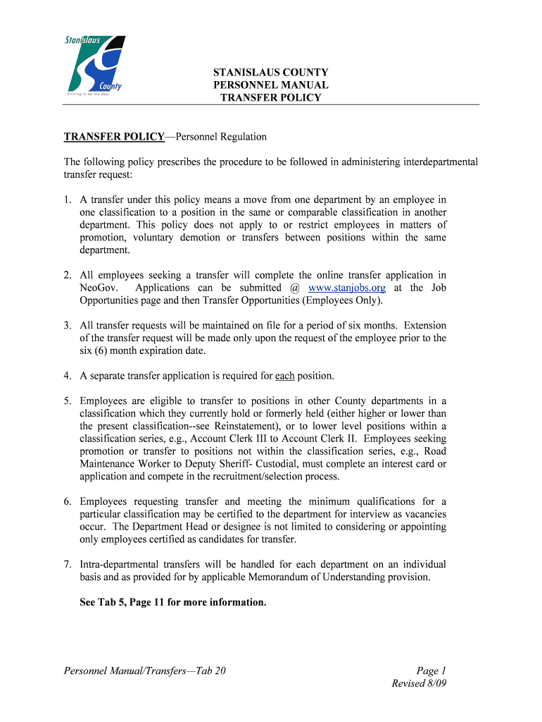 Fillable Online TRANSFER POLICYPersonnel Regulation Fax Email Print ...