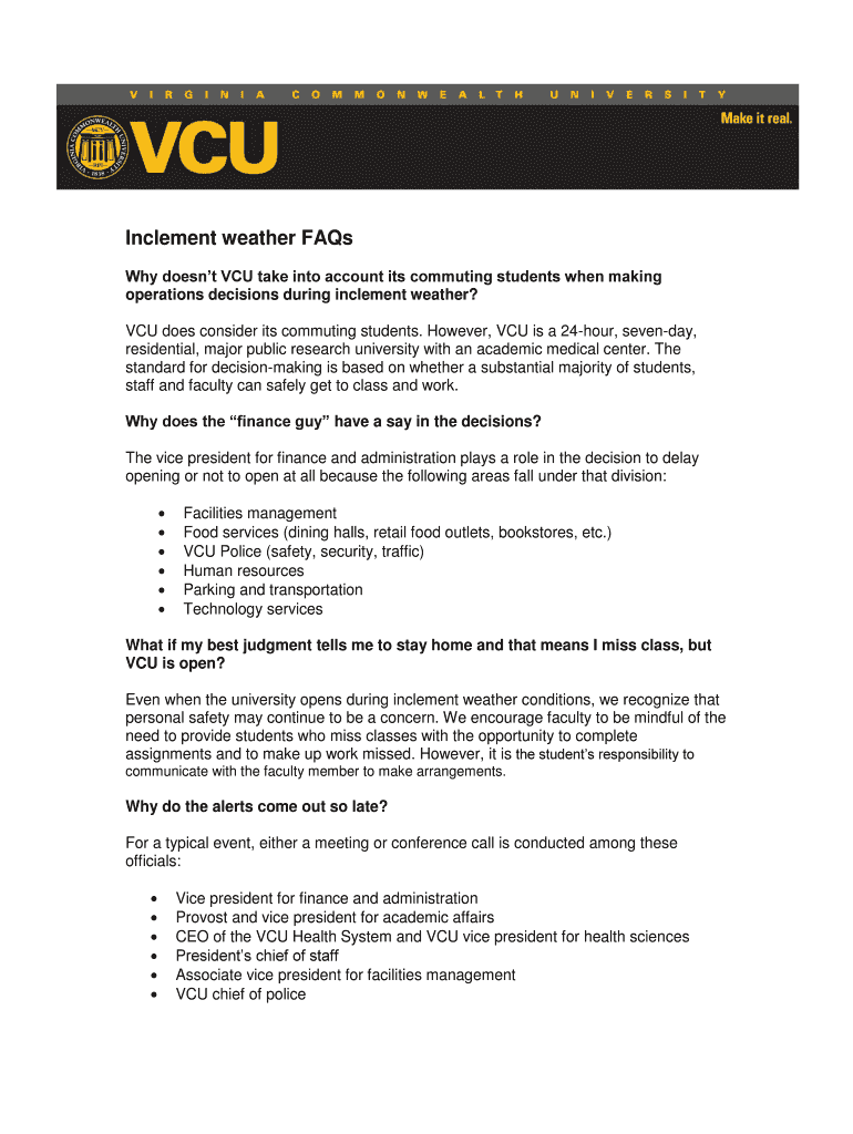 Fillable Online Inclement weather noticeHuman Resources ... - VCU HR ...