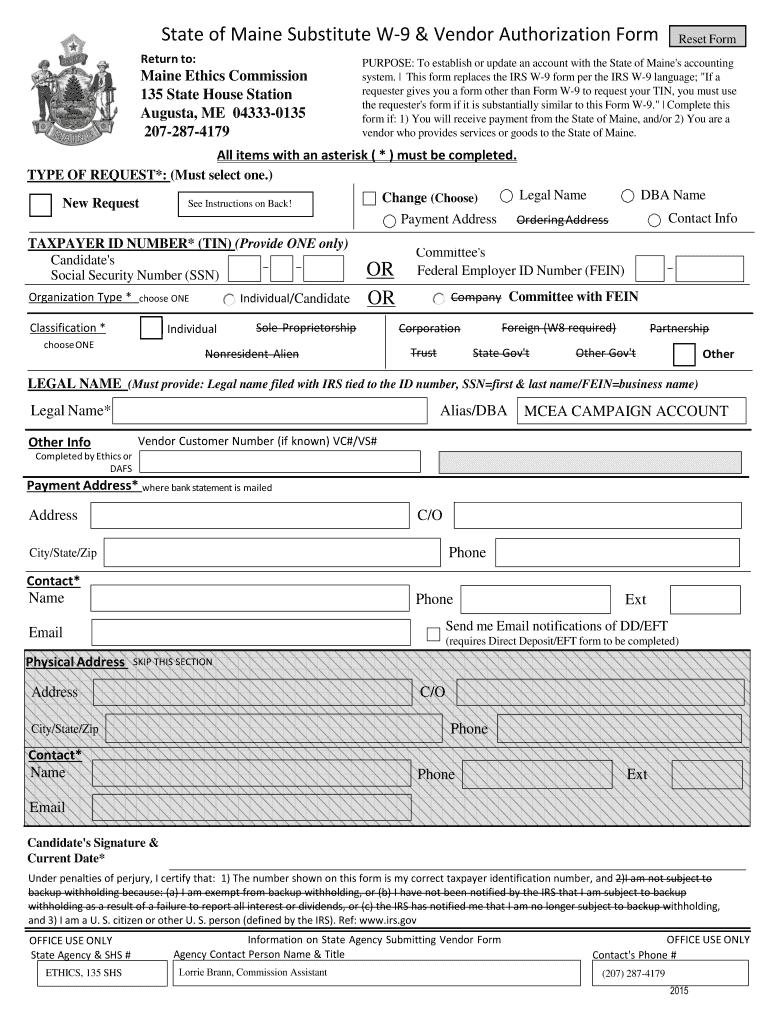 Fillable Online maine State of Maine Substitute W9 & Vendor ...