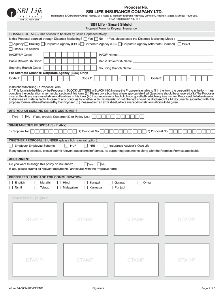 Fillable Online Smart Shield Proposal Form for Keyman 0614 ... - SBI ...