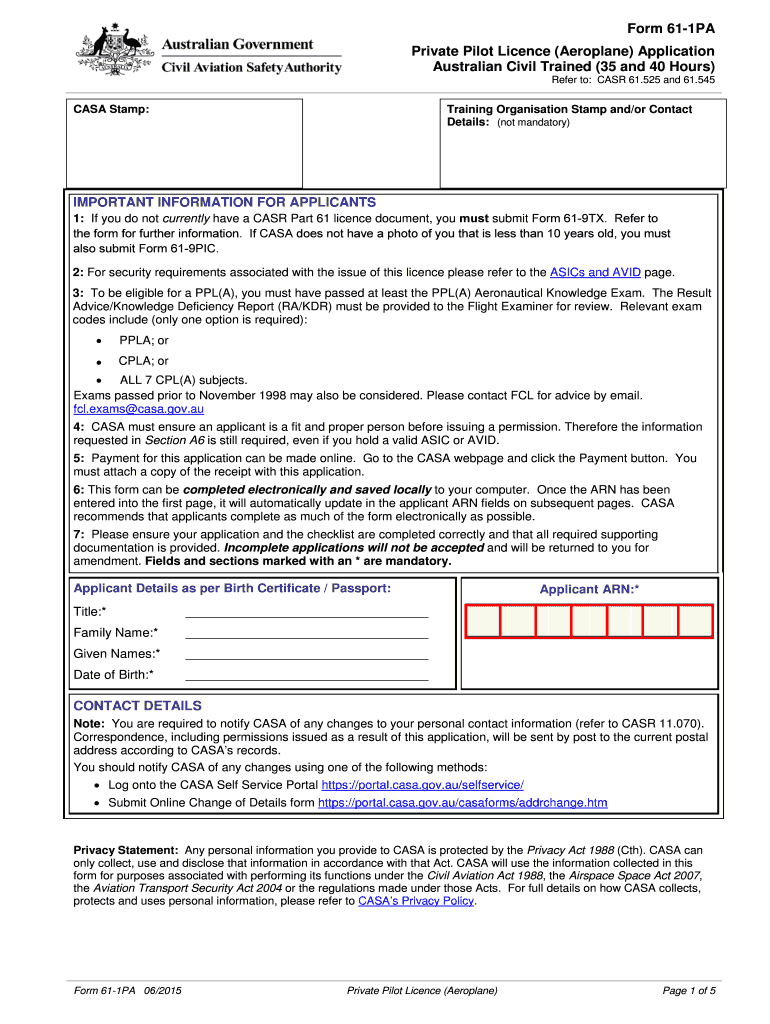 Fillable Online casa gov Form 61-1PA Private Pilot Licence (Aeroplane ...
