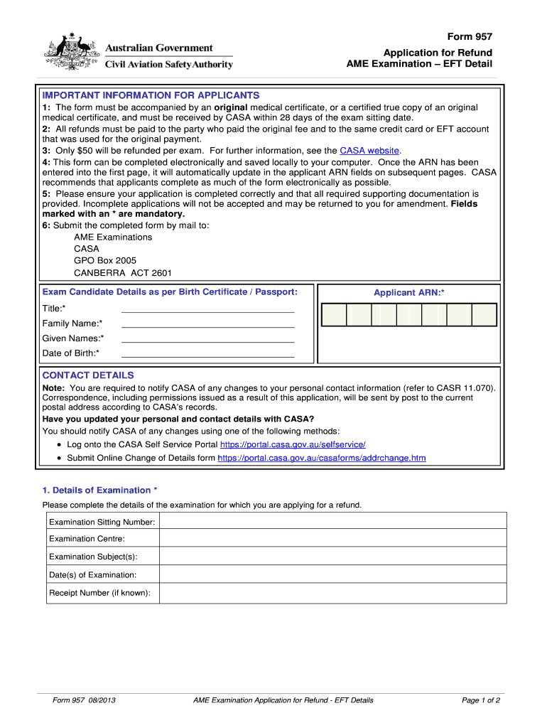 Fillable Online casa gov Form 957 - Application for a Refund AME ...