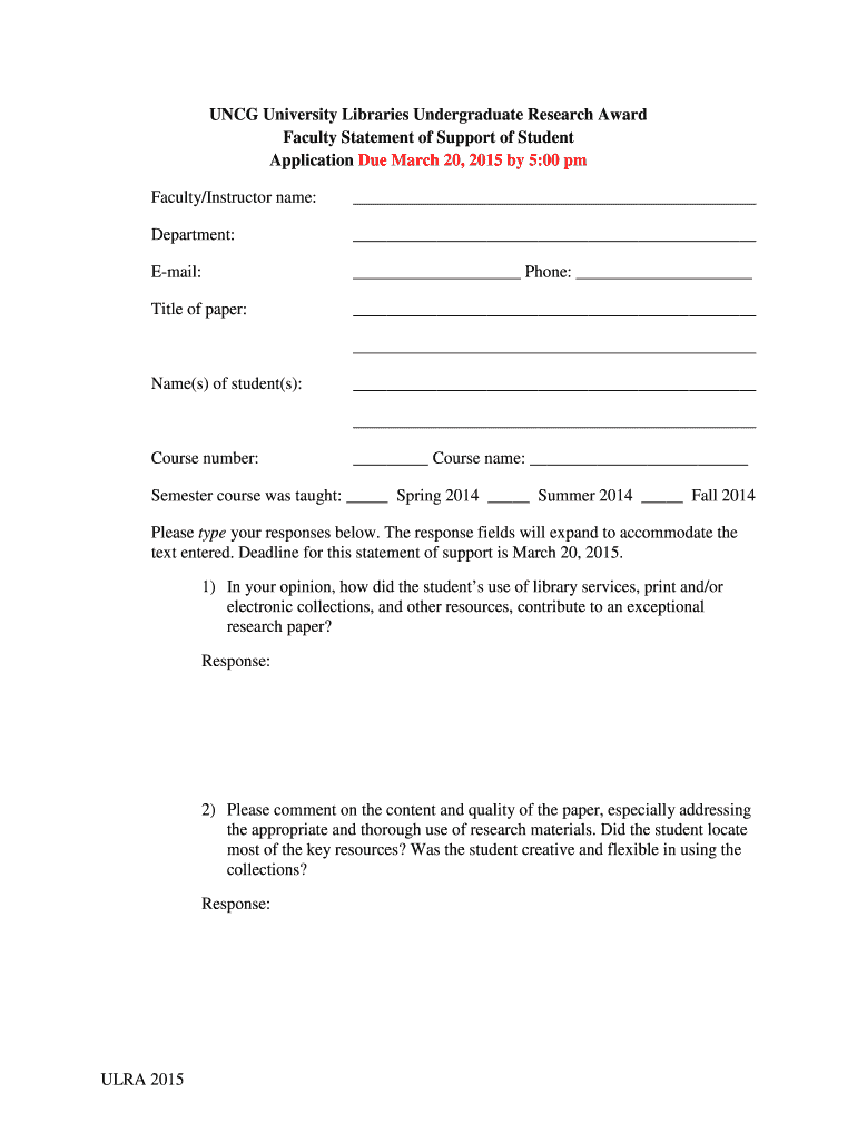 Fillable Online library uncg Faculty Statement of Support of Student ...