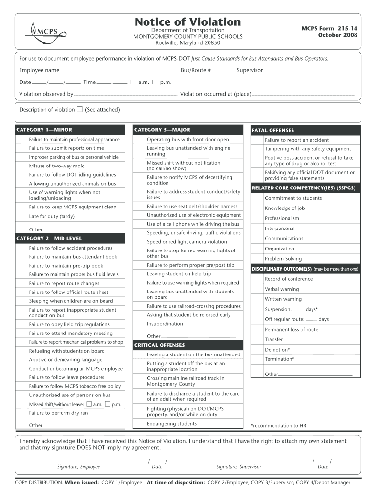 Fillable Online montgomeryschoolsmd 215-14 Notice of Violation ...