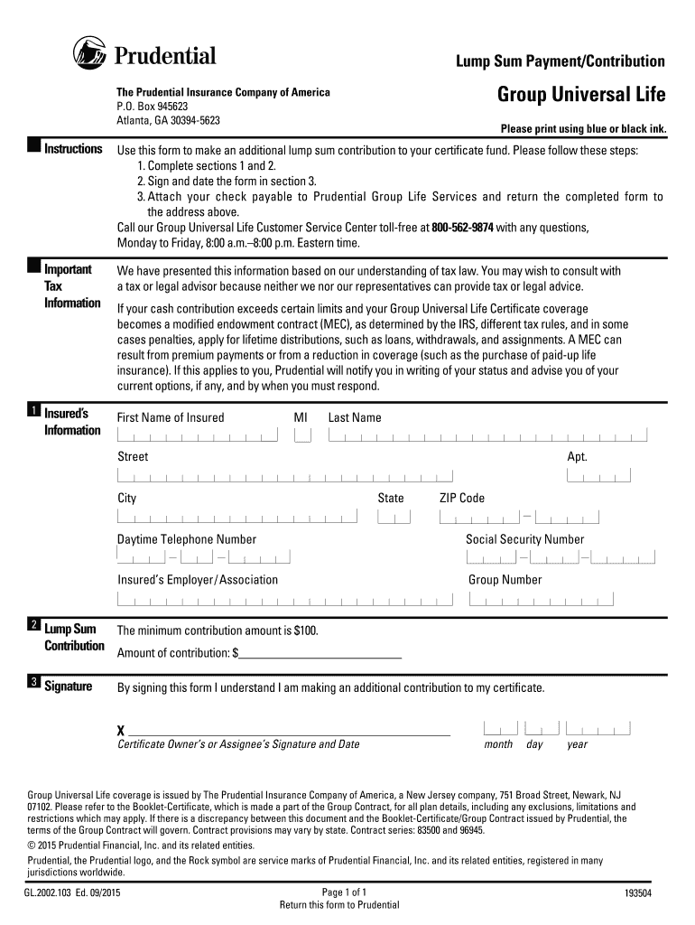 Fillable Online Lump Sum Payment/Contribution - Group Insurance - Prudential Fax Email Print ...