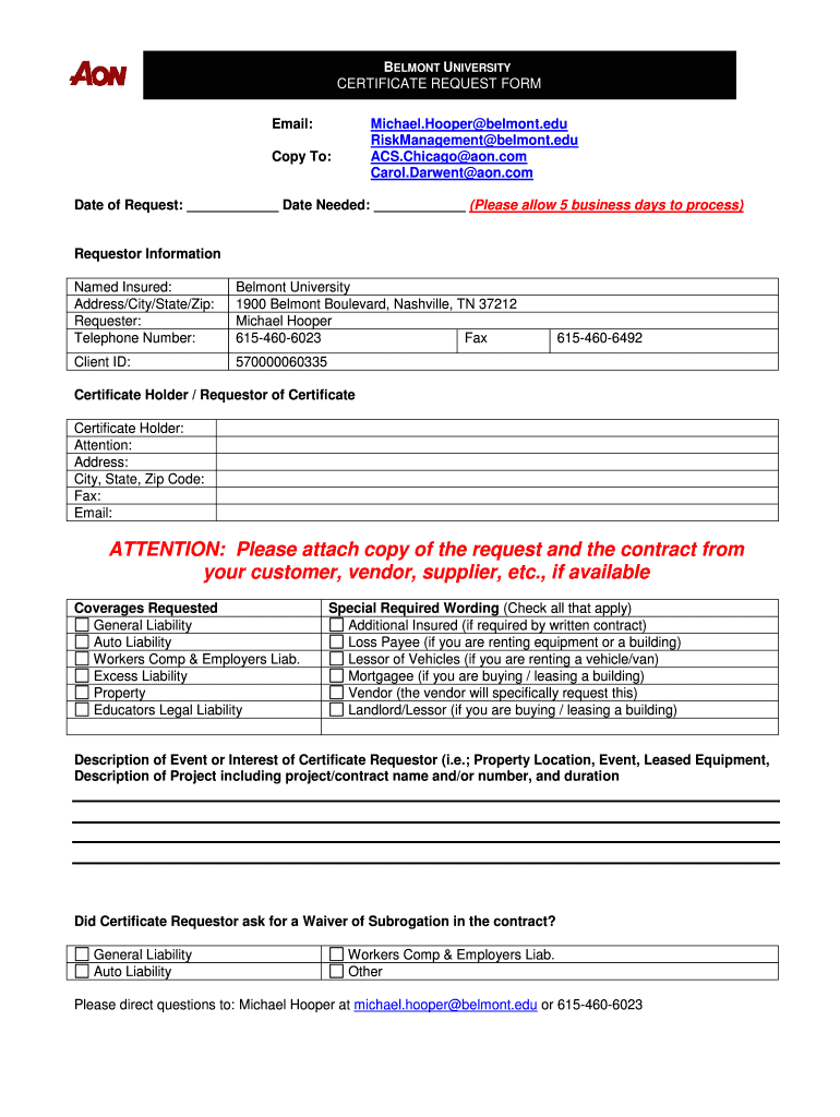 Fillable Online belmont Standard COI Request Form - Belmont University ...
