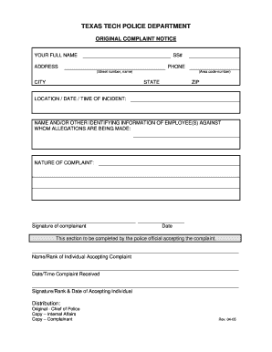 Fillable Online depts ttu Complaint forms - Texas Tech University ...