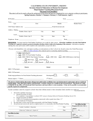 Fillable Online csufresno EHD 170 Final Student Teaching Application ...