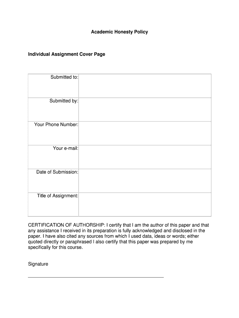 Fillable Online Academic Honesty Policy Individual Assignment Cover ...