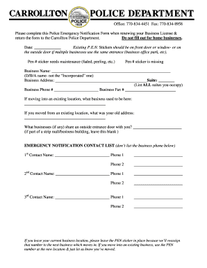 Fillable Online Police Emergency Notifications (PEN) Form - Carrollton ...