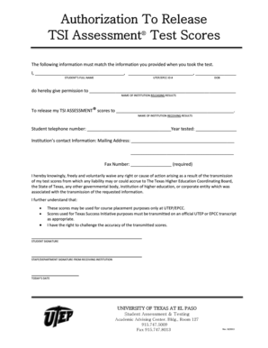 Fillable Online Authorization To Release TSI Assessment Test Scores The ...