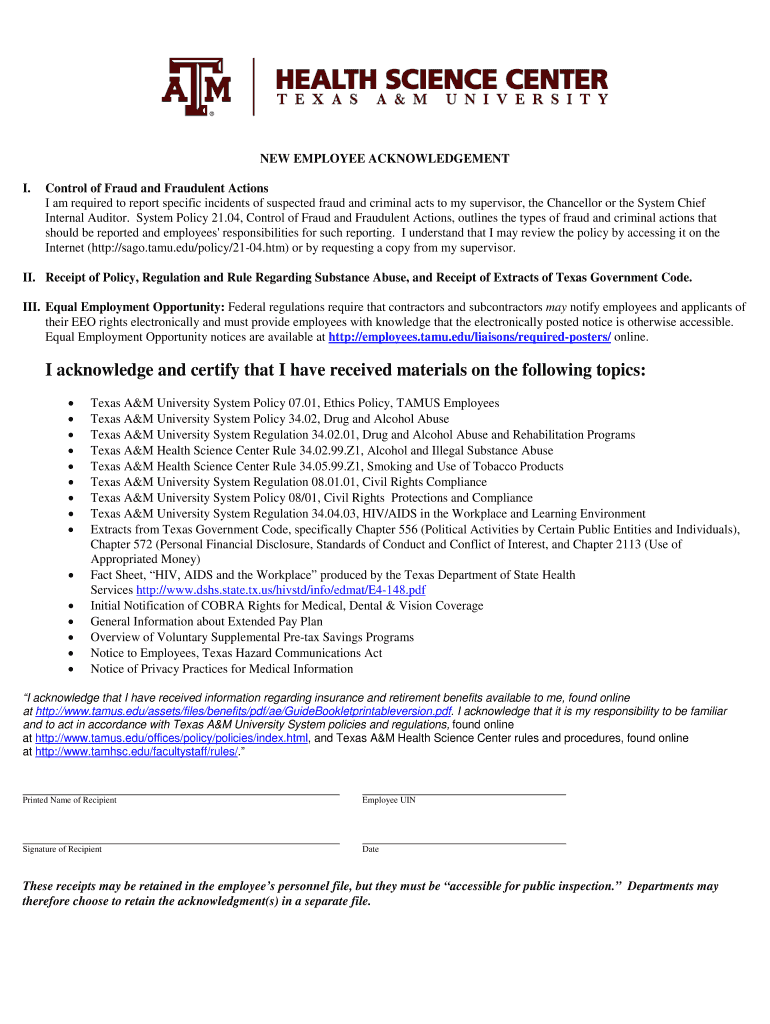 Fillable Online tamhsc New Employee Acknowledgement New Employee ...