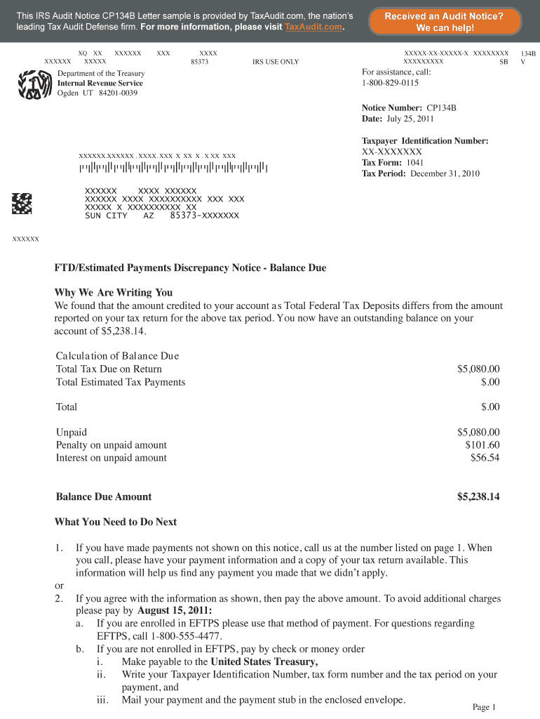 Fillable Online This IRS Audit Notice CP134B Letter sample is provided ...