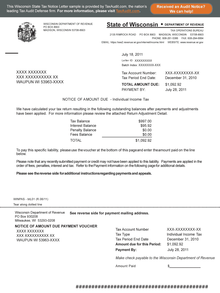 Fillable Online This Wisconsin State Tax Notice Letter sample is ...
