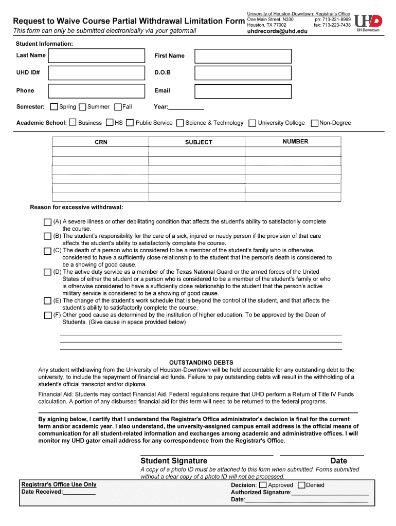 Fillable Online uhd Partial Withdrawal Form - University of Houston ...