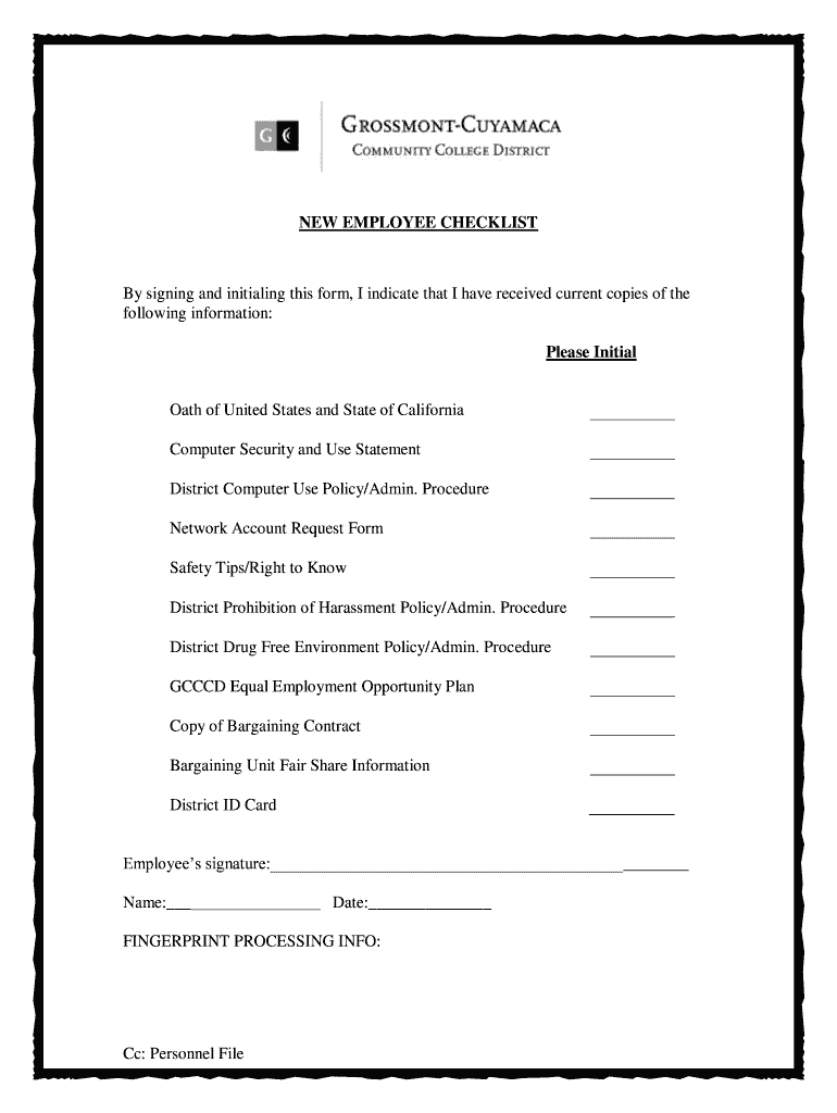 Fillable Online gcccd Cc: Personnel File NEW EMPLOYEE CHECKLIST By ...