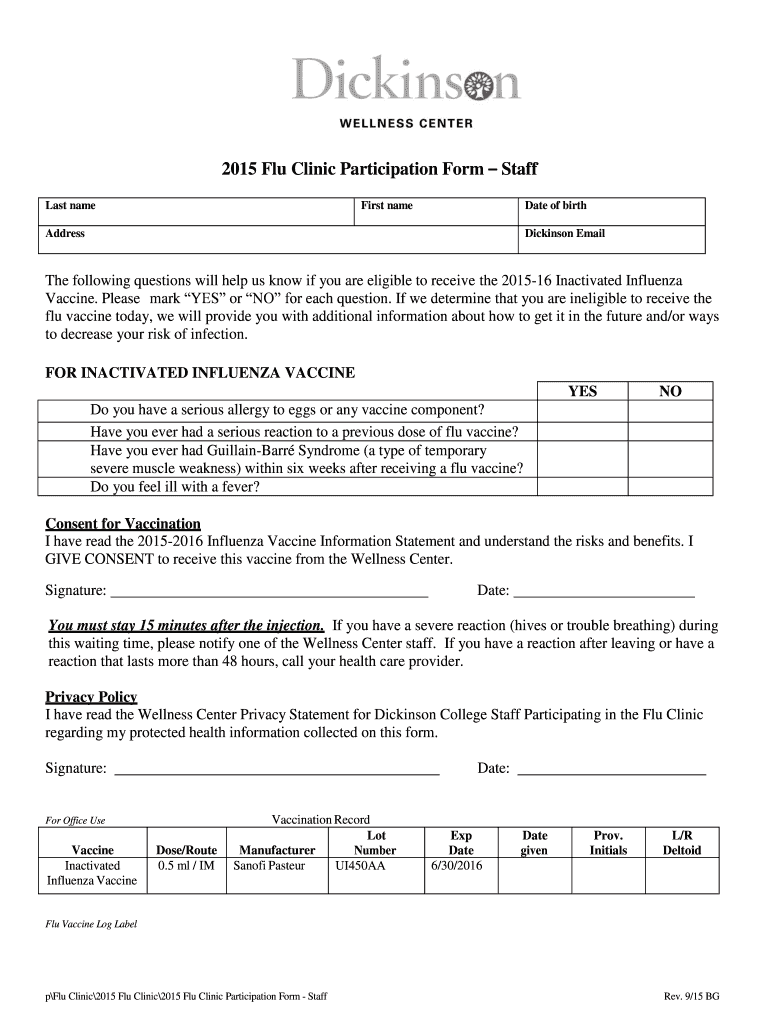 Fillable Online dickinson 2015 Flu Clinic Participation Form Staff ...