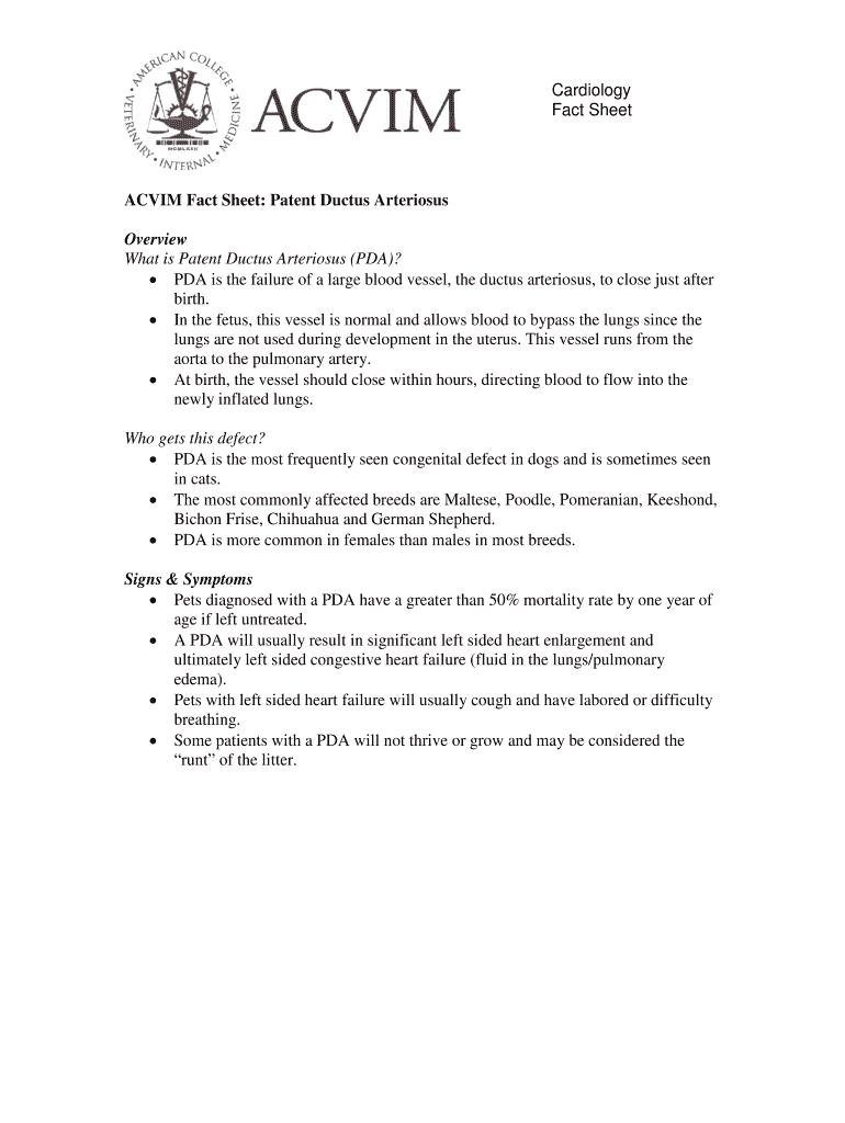 Fillable Online acvim ACVIM Fact Sheet: Patent Ductus Arteriosus Fax ...