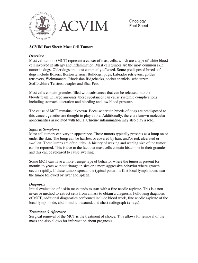 Fillable Online acvim ACVIM Fact Sheet: Mast Cell Tumors Fax Email ...