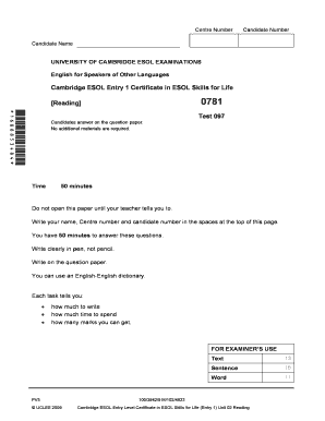Fillable Online prd cambridgeesol Cambridge ESOL Entry 1 Certificate in ...