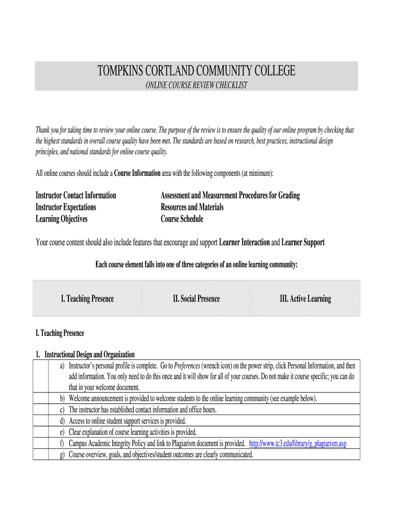 Fillable Online ONLINE COURSE REVIEW CHECKLIST Fax Email Print - pdfFiller