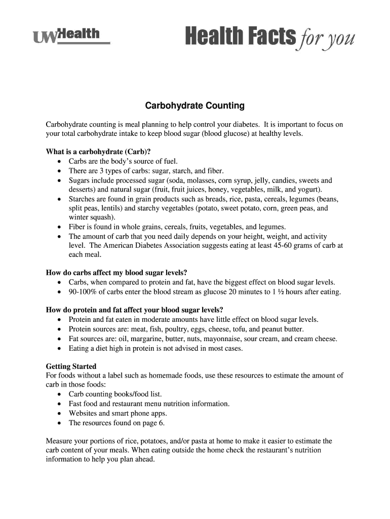 Fillable Online Carbohydrate counting is meal planning to help control ...