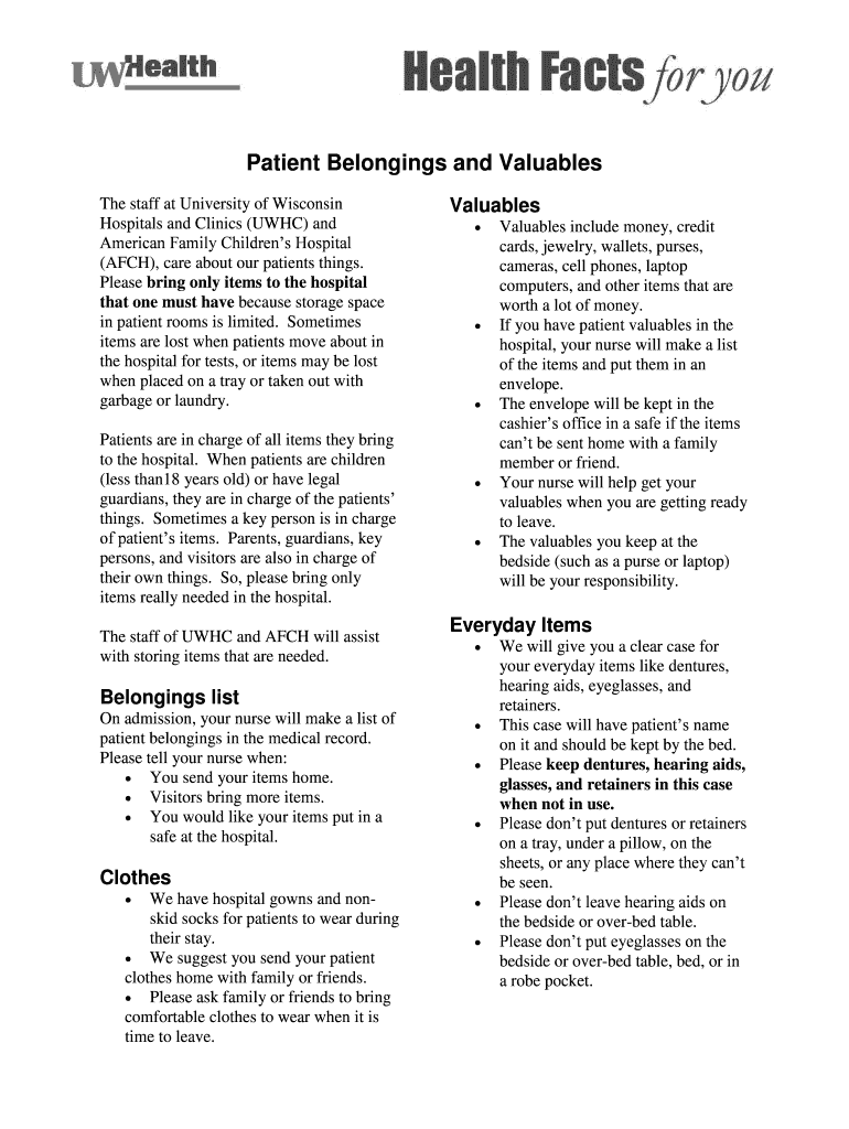 Fillable Online Patient Belongings and Valuables Fax Email Print ...