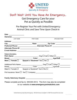 Fillable Online Pre-registration Form - United Emergency Animal Clinic ...