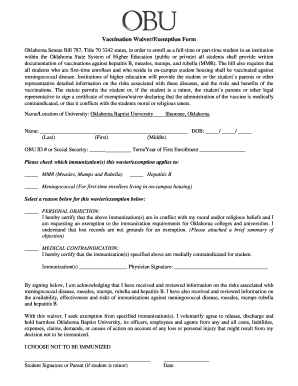 Fillable Online okbu Vaccination WaiverExemption Form - Oklahoma Baptist University - okbu Fax ...
