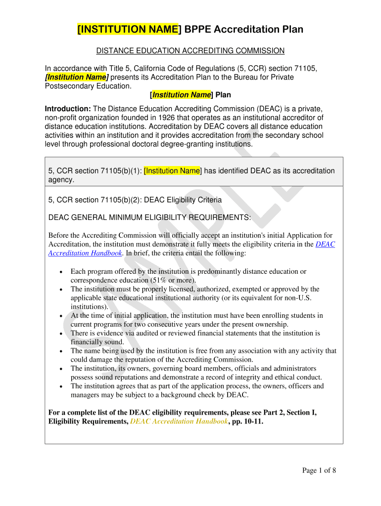 Fillable Online bppe ca Sample Accreditation Plan - bppe.ca.gov Fax ...